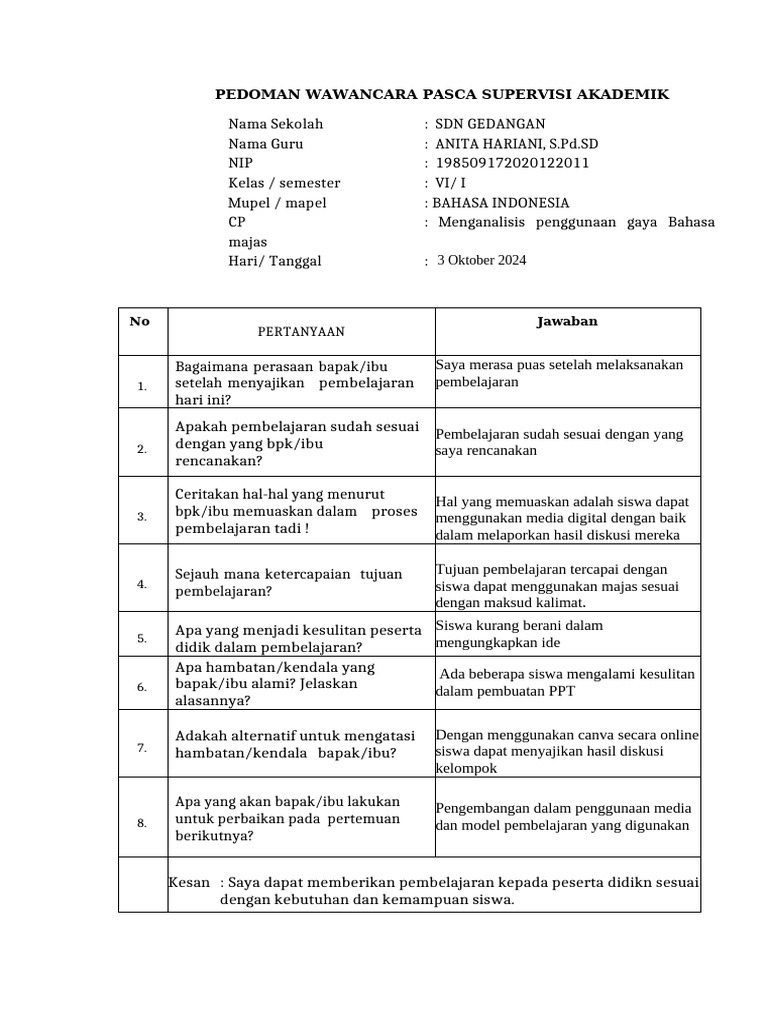 Instrumen Supervisi Pasca Pembelajaran-Bi | PDF