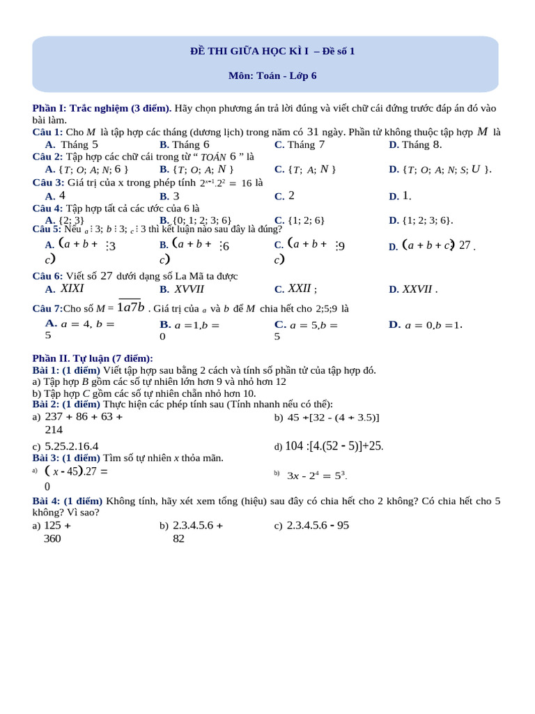 Tong Hop de Kiem Tra Giua Hoc Ki 1 Toan 6 Ket Noi Tri Thuc Co Dap An Va Loi Giai Chi Tiet ...