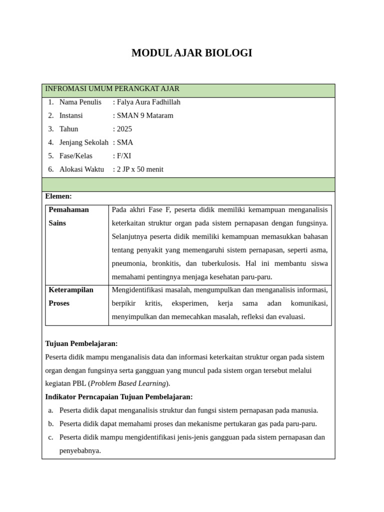 Modul Ajar Biologi Metode PBL | PDF