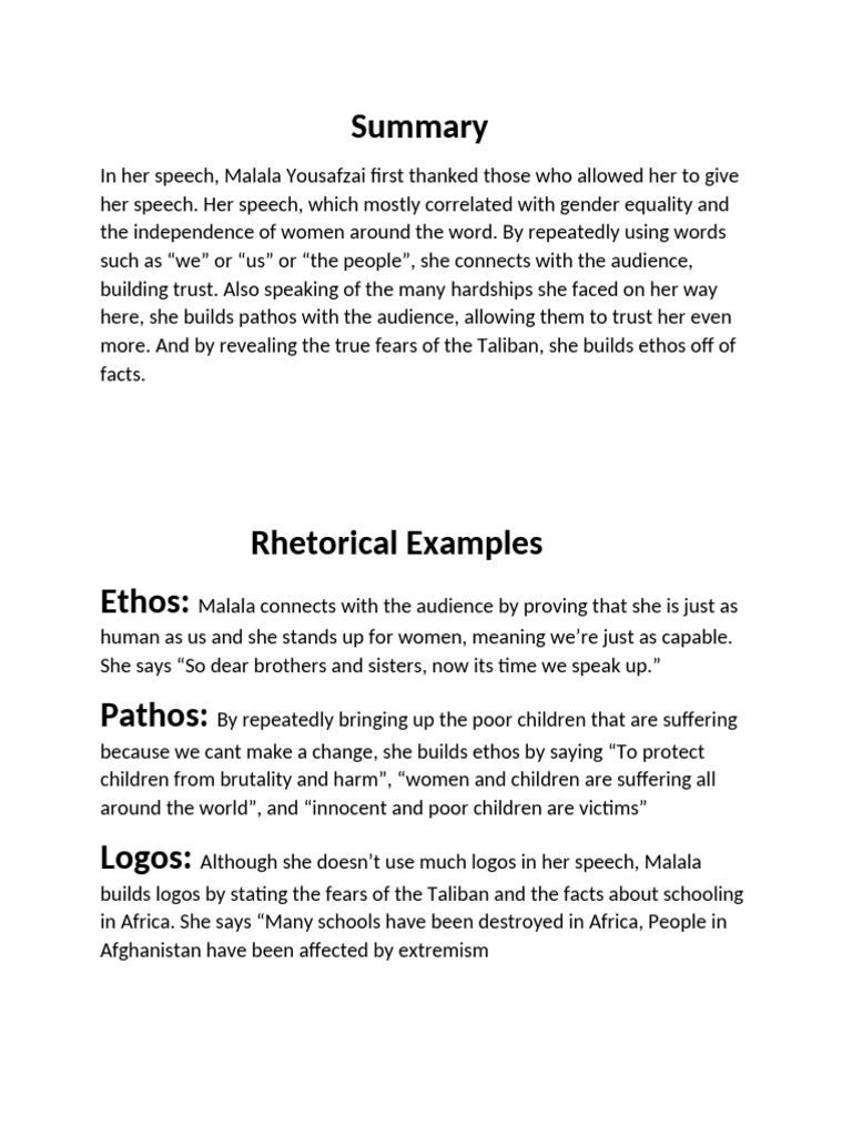 Malala Yousafzai S Speech Summary Pdf