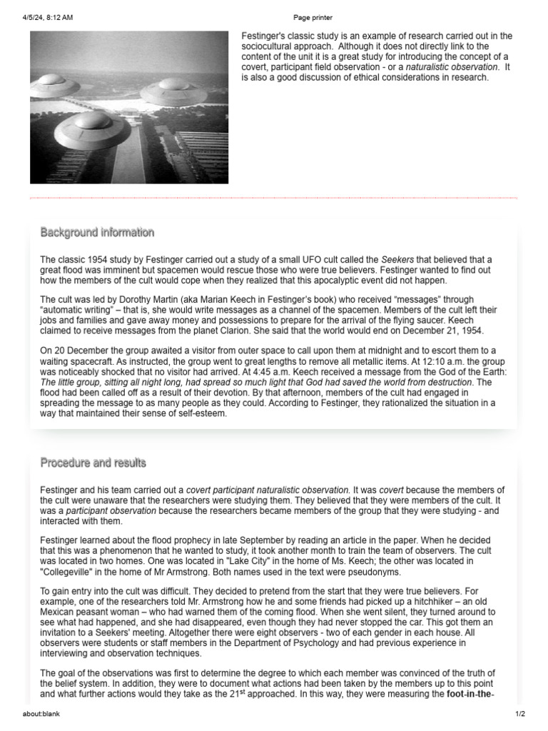 Festinger's 1954 UFO Cult Study | PDF | Psychological Concepts | Cognition