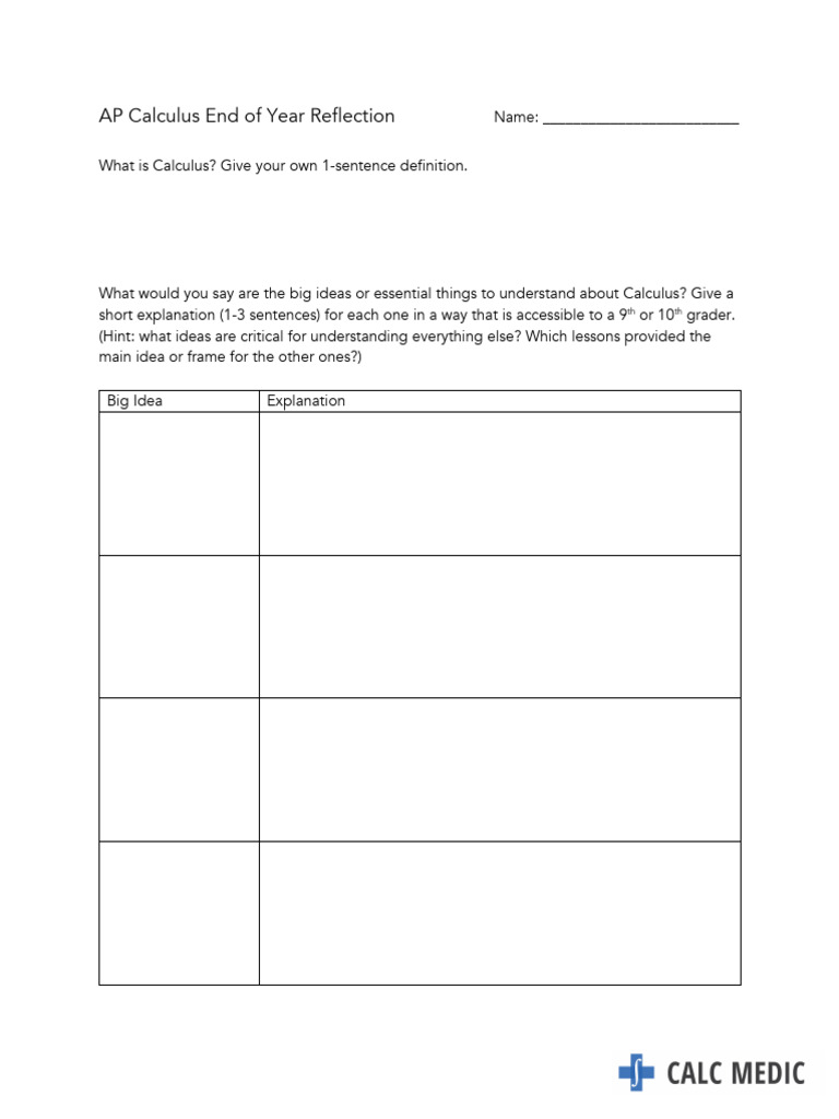 AP Calculus Year-End Reflection Guide | PDF