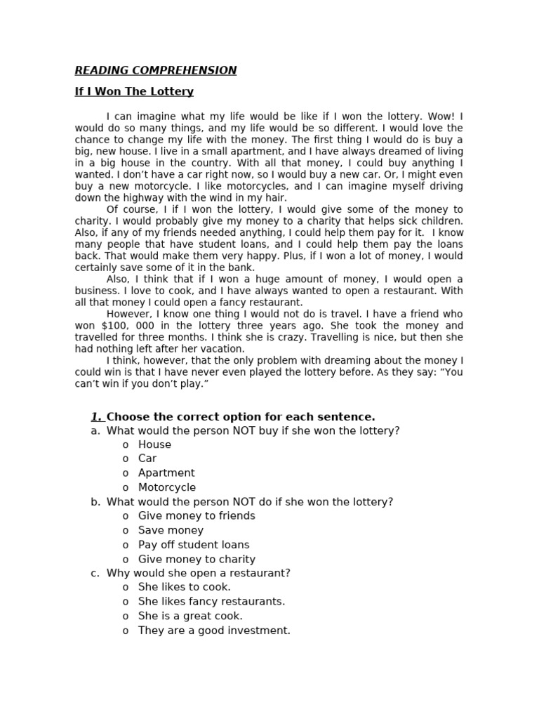 READING COMPREHENSION (2nd Conditional) | PDF | Lottery | Linguistics