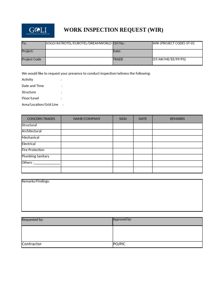 01 Work Inspection Request (WIR) - 1 | PDF