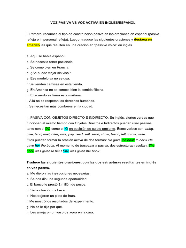 La Voz Pasiva Ejercicios 1 Pdf