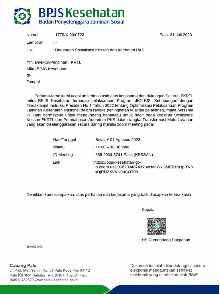 BPJS KESEHATAN tentang Undangan Sosialisasi Kessan dan Adendum PKS | PDF