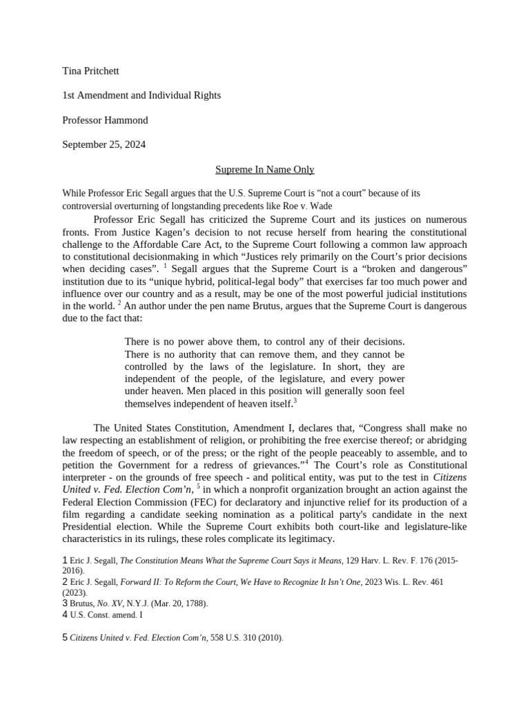1st Amendment and Individual Rights Paper #1 - Pritchett | PDF ...