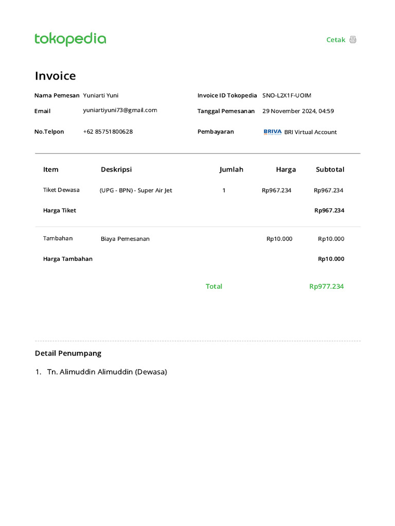 Invoice Tiket Pesawat PK Alimuddin | PDF