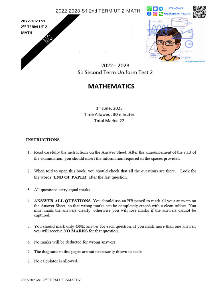 2022-2023-S1 2nd TERM UT 2-MATH | PDF | Geometry | Mathematics
