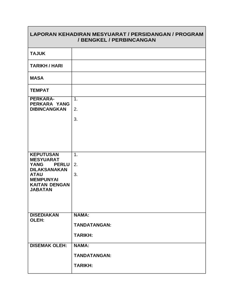 Template Laporan Menghadiri Mesyuarat 2024 | PDF