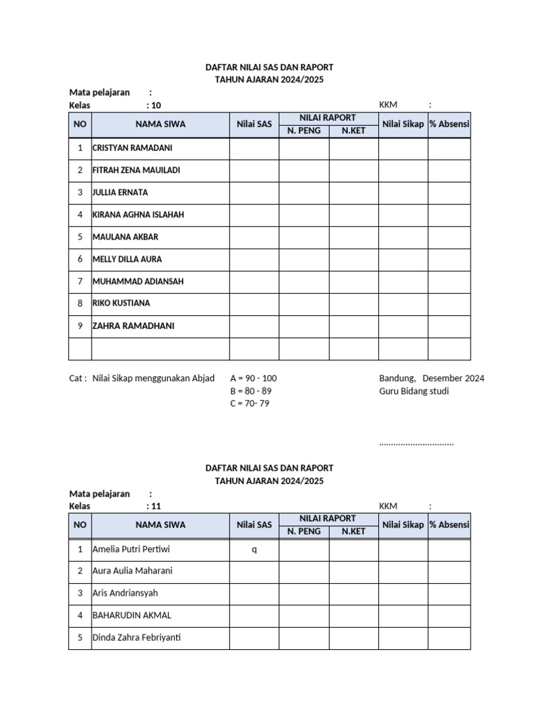 Format Nilai Sas 2024 | PDF