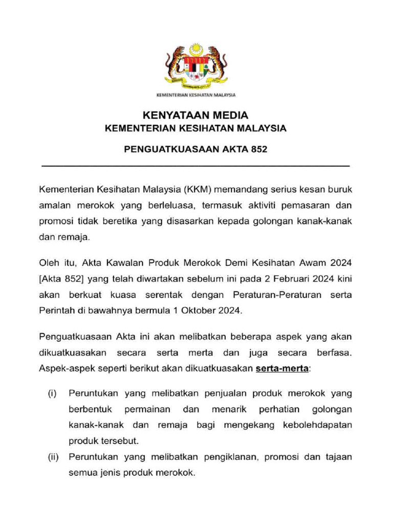 Kenyataan Media KKM Pada 30 September 2024-Penguatkuasaan Akta 852 | PDF