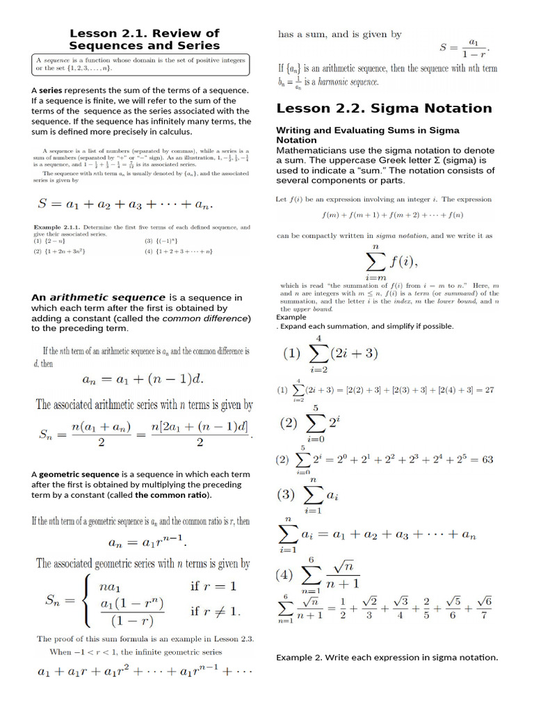 Lesson 7 Review of Sequences and Series, Sigma Notation, Properties of Sigma Notation | PDF ...