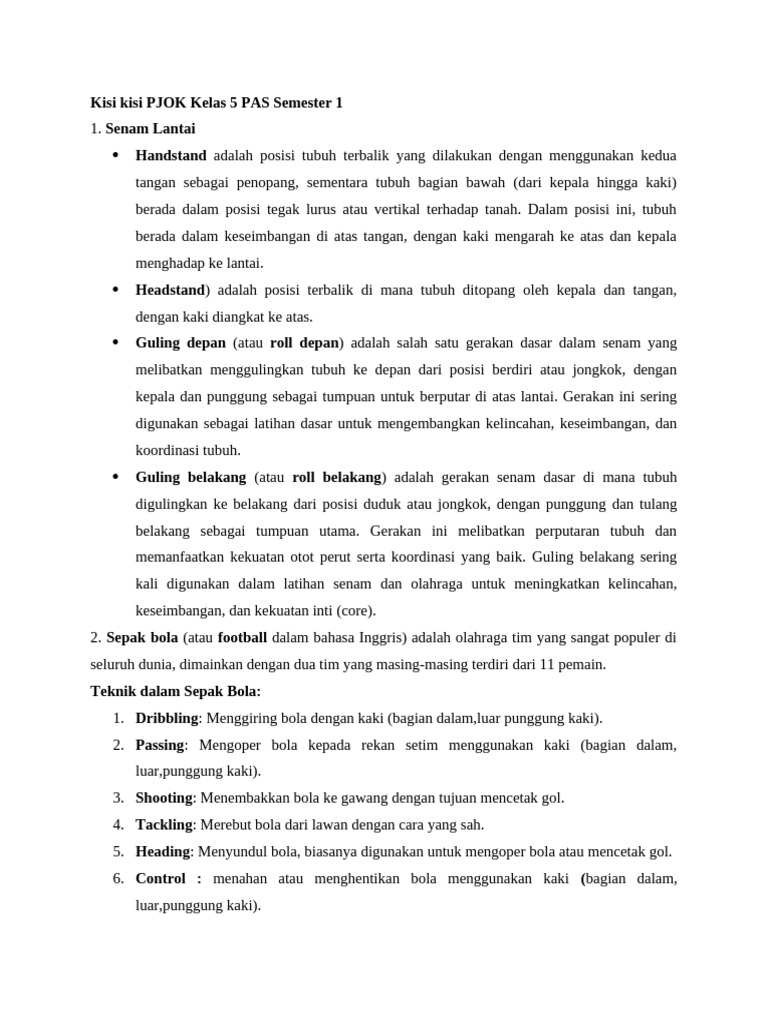 Kisi kisi PJOK Kelas 5 PAS Semester 1 | PDF