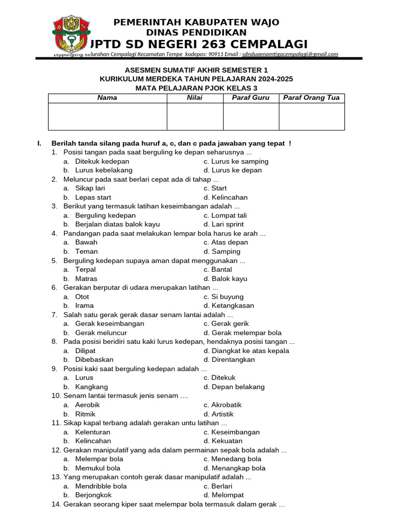 Sas Ganjil Pjok Kelas 3 TP 2024-2025 | PDF