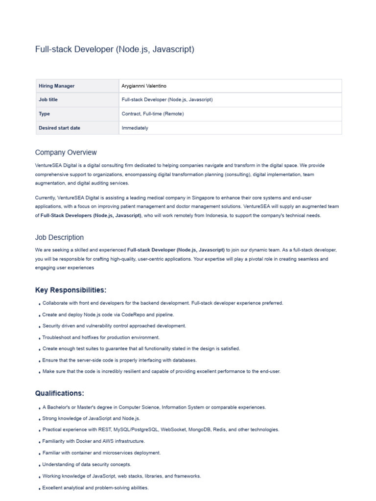 Full-stack Developer Job - Remote Contract | PDF | Java Script | Software Engineering