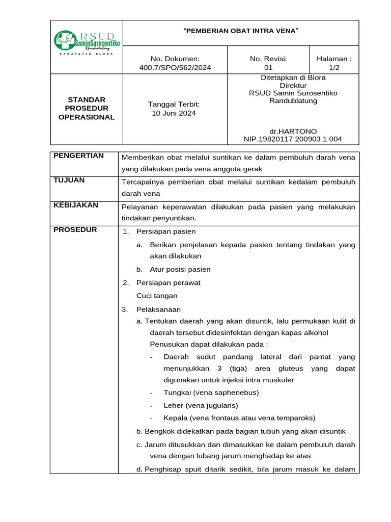 (Edit) Spo Pemberian Suntikan Intra Vena | PDF