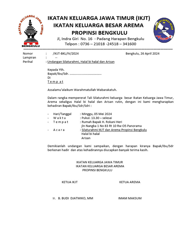 Undangan Silaturahmi IKJT Arema Bengkulu | PDF