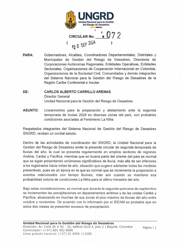 Circular 072 de 20 de Septiembre de 2024 Lineamientos Preparación TLL 2024 | PDF | Precipitación ...