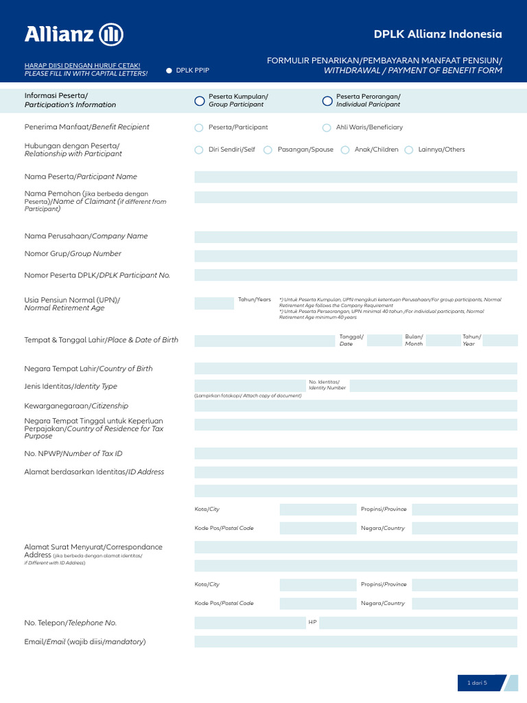 Formulir Withdrawal Dan Klaim Manfaat Pensiun Dplk Withdrawal and Payment of Benefit Form | PDF
