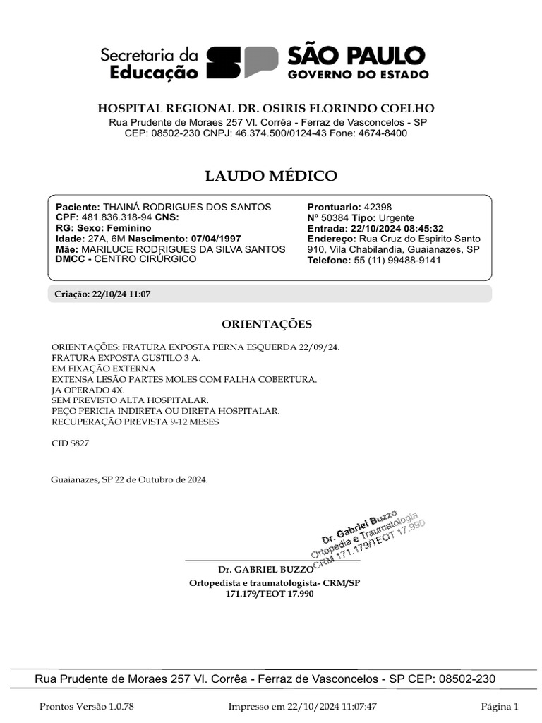 LAUDO MEDICO SP HOSPITAL REGIONAL DR. OSIRES FLORINDO COELHO | PDF