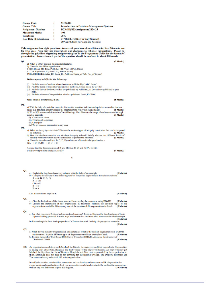 Mcs 023 Introduction To Database Management Systems Pdf Database Transaction Databases