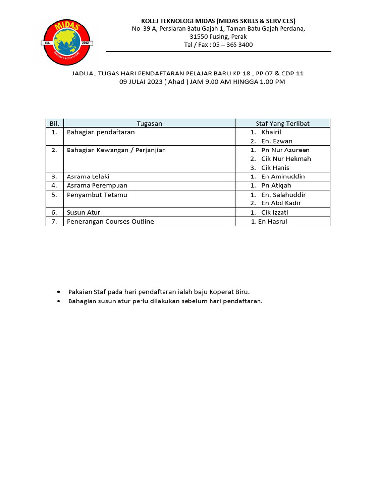 JADUAL TUGAS PENDAFTARAN 09 JULAI 2023 | PDF JADUAL TUGAS PENDAFTARAN 09 JULAI 2023 | PDF