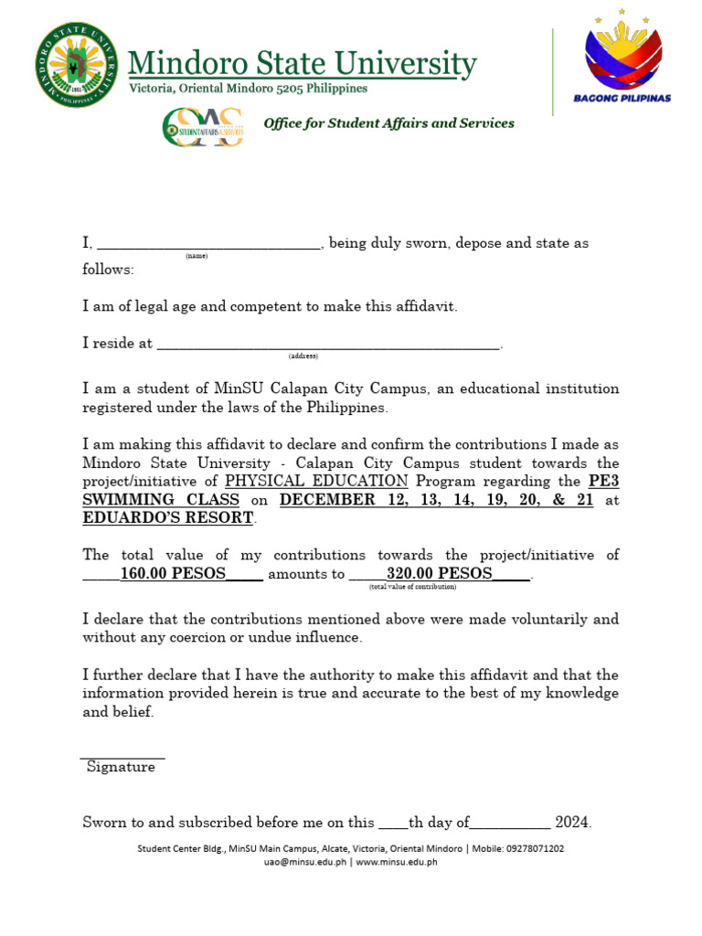 AFFIDAVIT OF CONTRIBUTION-PE3 SWIMMING | PDF