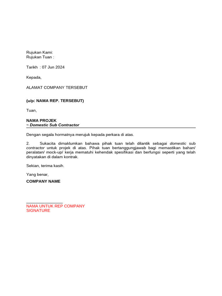 CONTOH Perlantikan Domistec Subcon | PDF