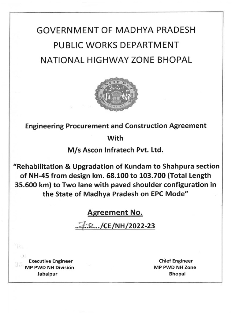 Agreement NH PWD Kundam-Shahpura | PDF