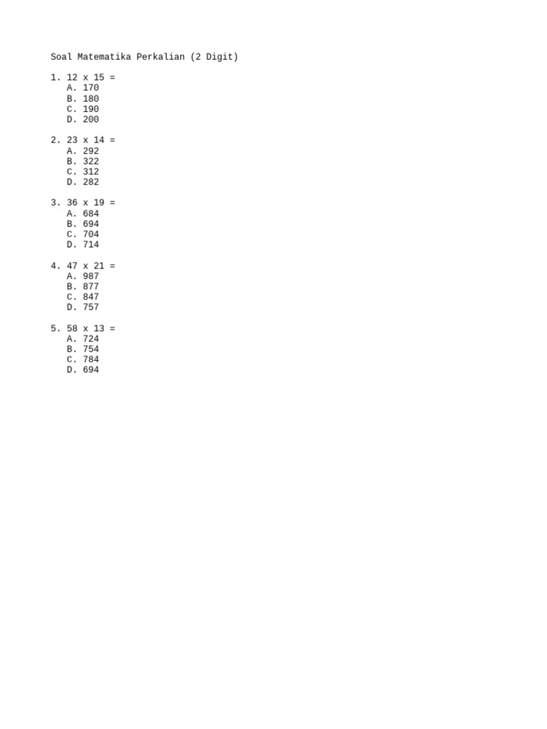 Soal Perkalian Matematika 2 Digit | PDF