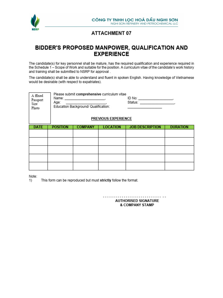 Attachment 07 - Bidder's Proposed Manpower Qualification and Experience ...