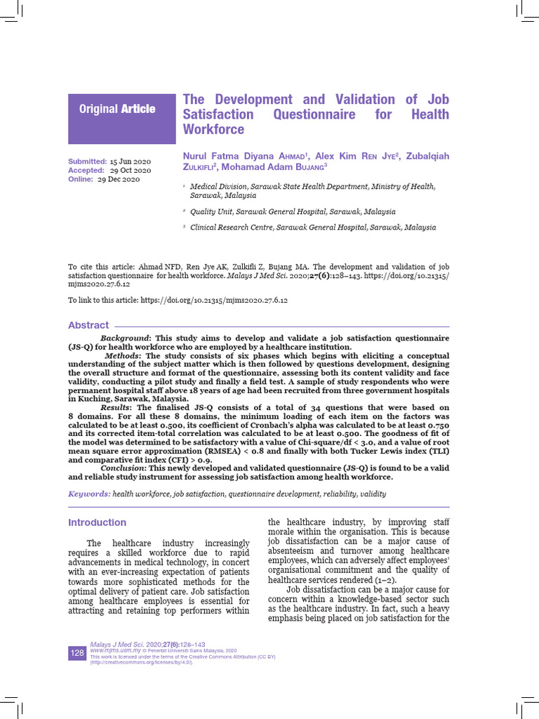 The Development And Validation Of Job Satisfaction Pdf Job Satisfaction Validity Statistics