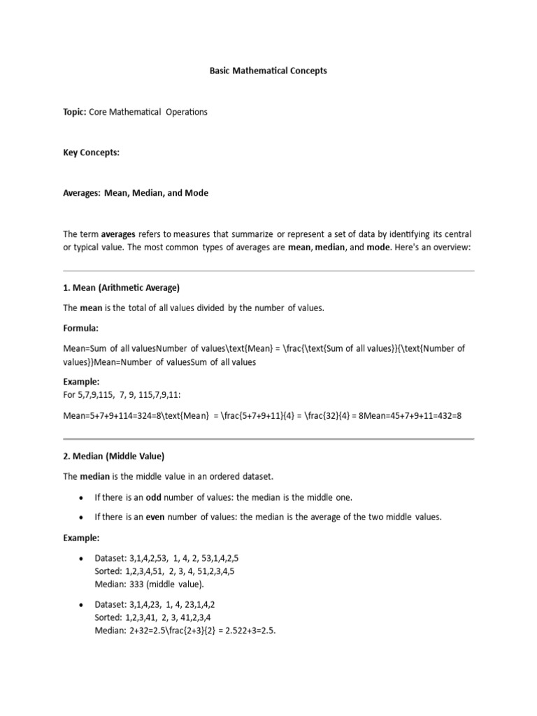 Basic Mathematical Concepts | PDF | Mode (Statistics) | Arithmetic Mean