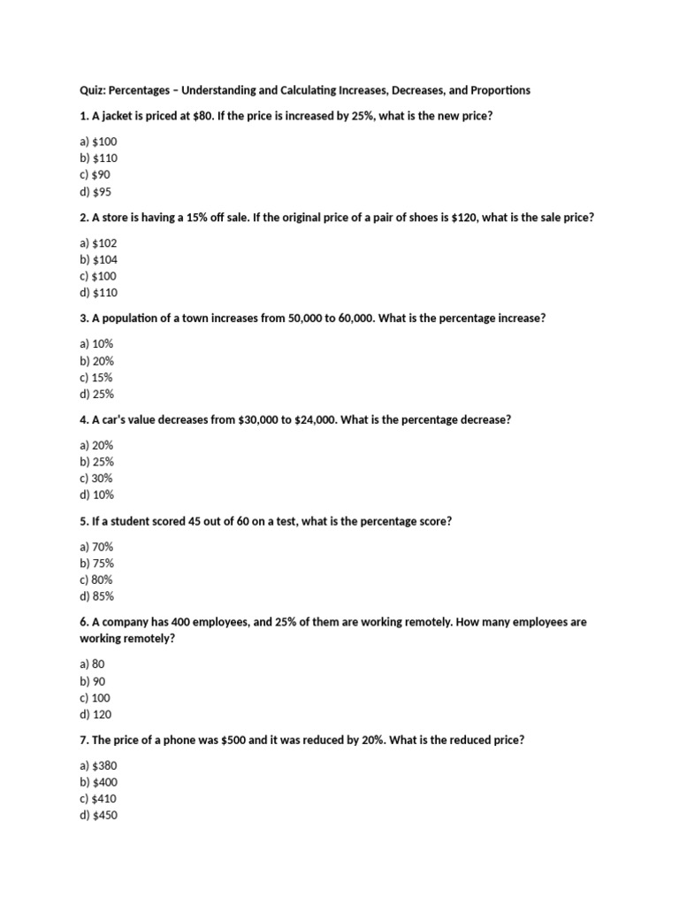 Percentage Quiz | PDF