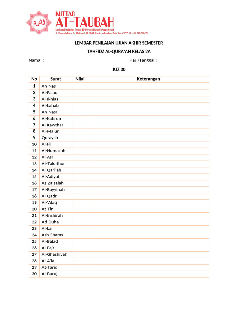 Lembar Penilaian Tahfidz Juz 30 | PDF