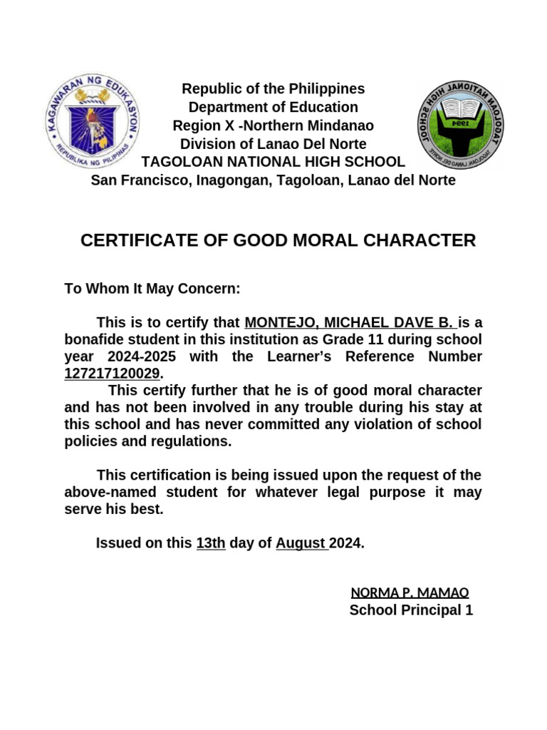 GOOD MORAL CERT | PDF