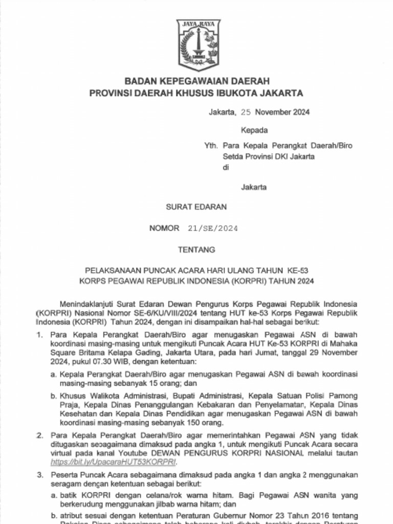 SE PLT.KA.BKD DKI NO.21 TAHUN 2024 TTG PELAKSANAAN PUNCAK ACARA HUT KE ...