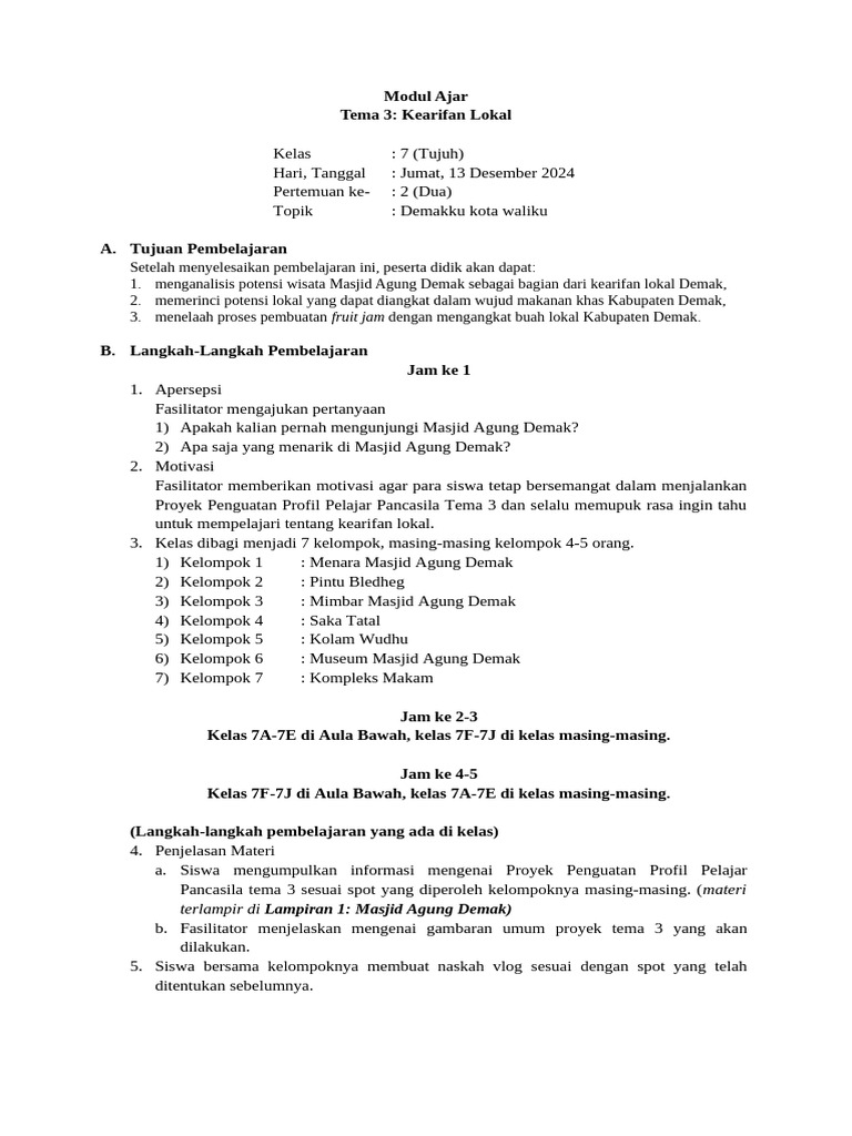 Modul Ajar Kelas 7 - Tema 3 Kearifan Lokal - Minggu 1 Pertemuan 2 | PDF