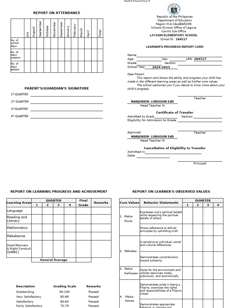 SF 9 Report Card Sy 2024-2025 | PDF | Learning | Teachers
