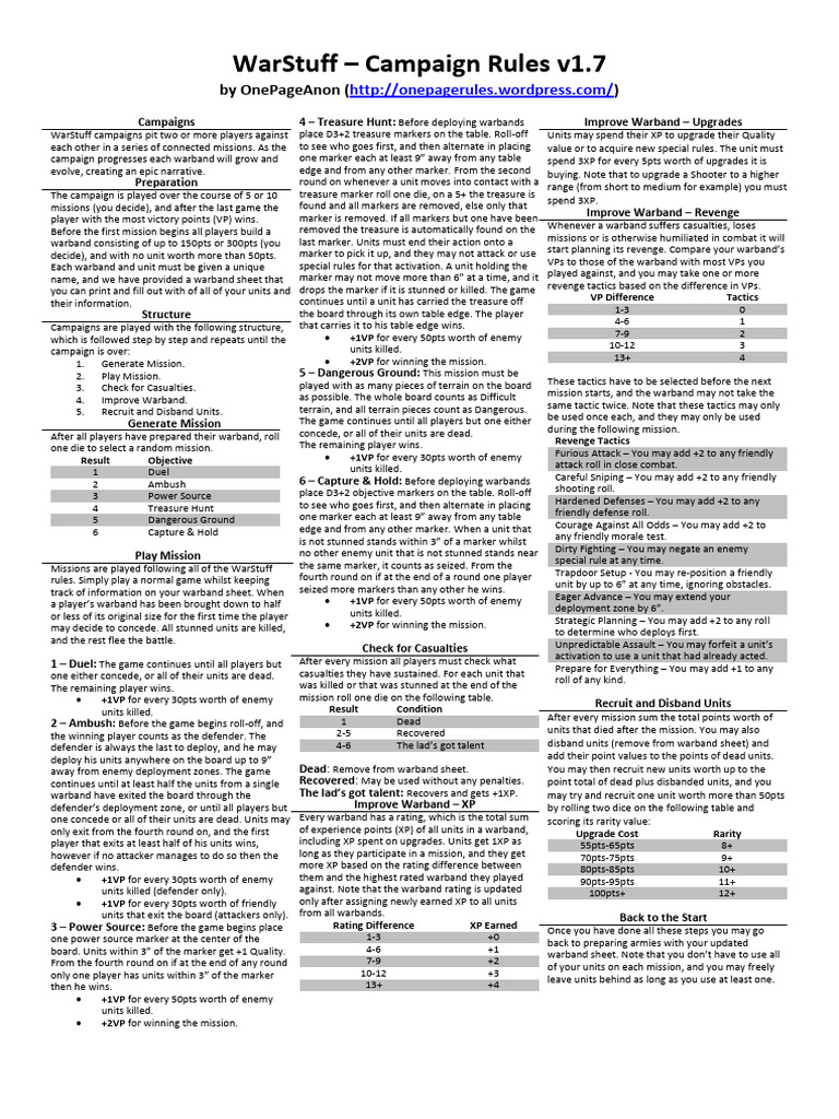WarStuff - Campaign Rules v1.7 | PDF | Military Operations | Warfare