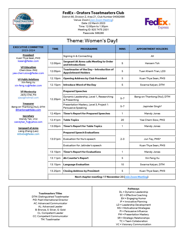 FedEx Orators TMC - Program Sheet - 20240322 1 | PDF | Speech | Public ...