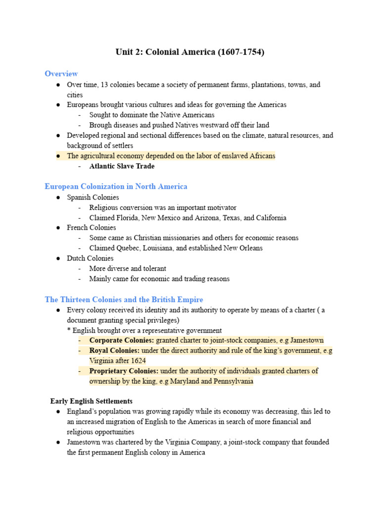 APUSH Unit 2 Review | PDF | Thirteen Colonies | Massachusetts Bay Colony