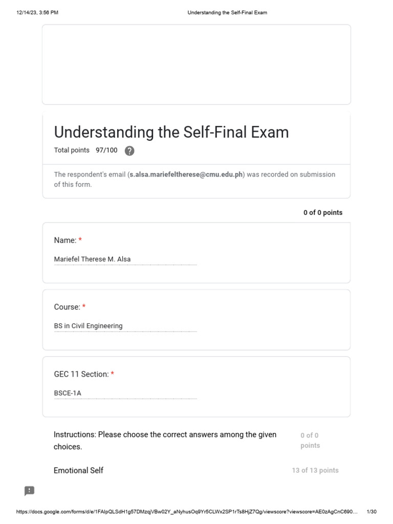 Understanding The Self Final Exam | PDF | Love | Motivation