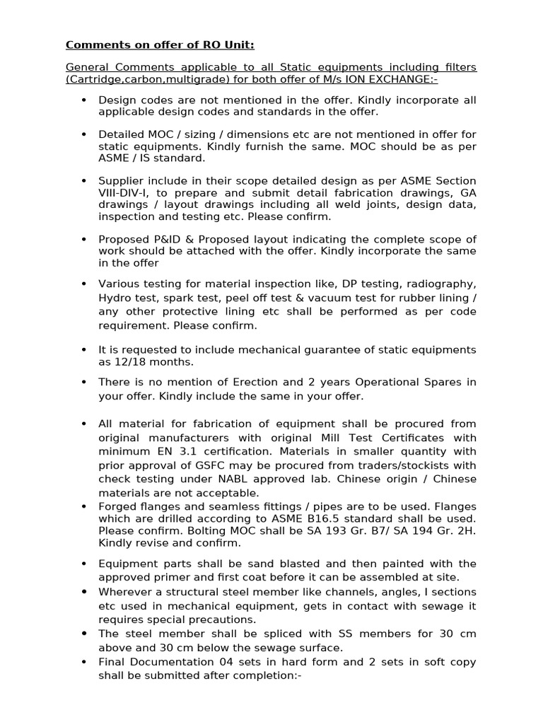 RO Unit Offer Review and Comments | PDF | Industrial Processes