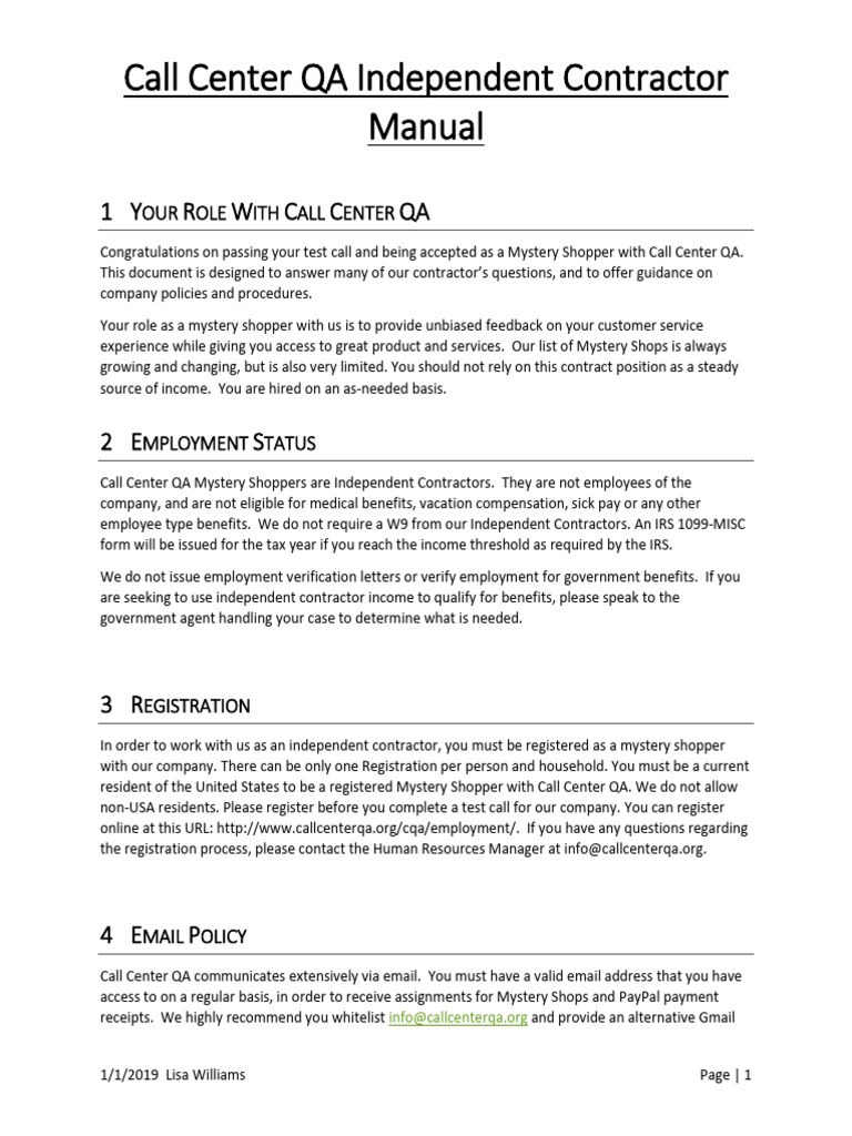 Call_Center_QA_Independent_Contractor_Policy_Manual | PDF | Employment ...