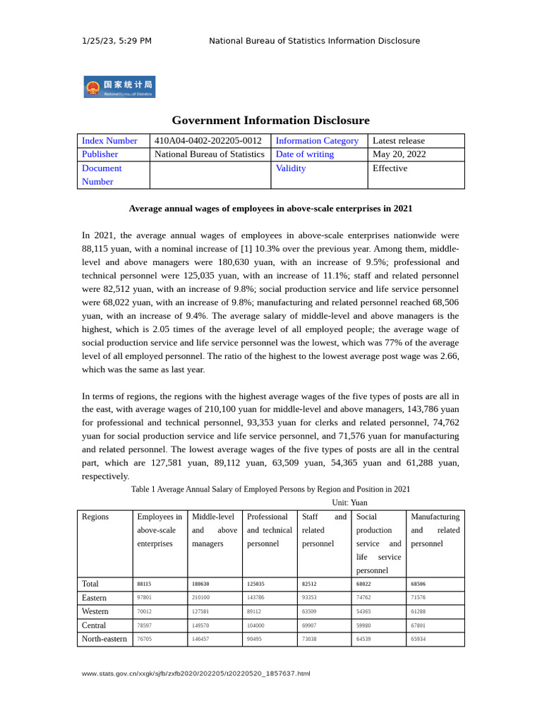 National Bureau of Statistics Information Disclosure | PDF | Salary | Wage