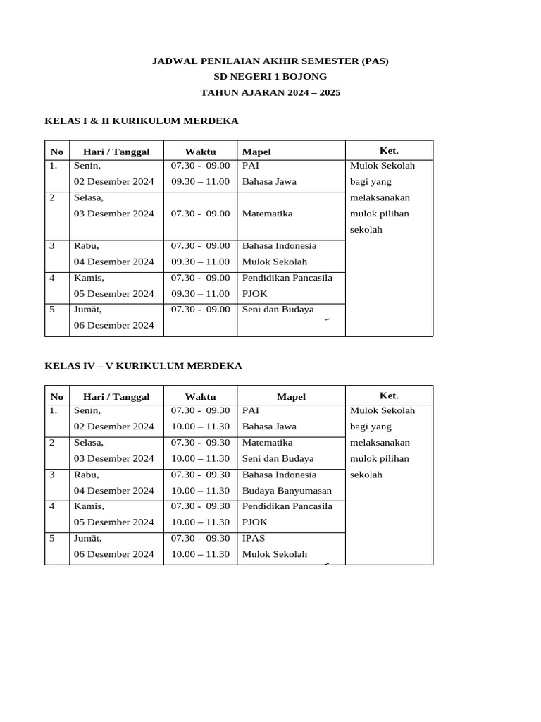 Jadwal Sas, Pas 1 SD Wangon 2024-25 | PDF