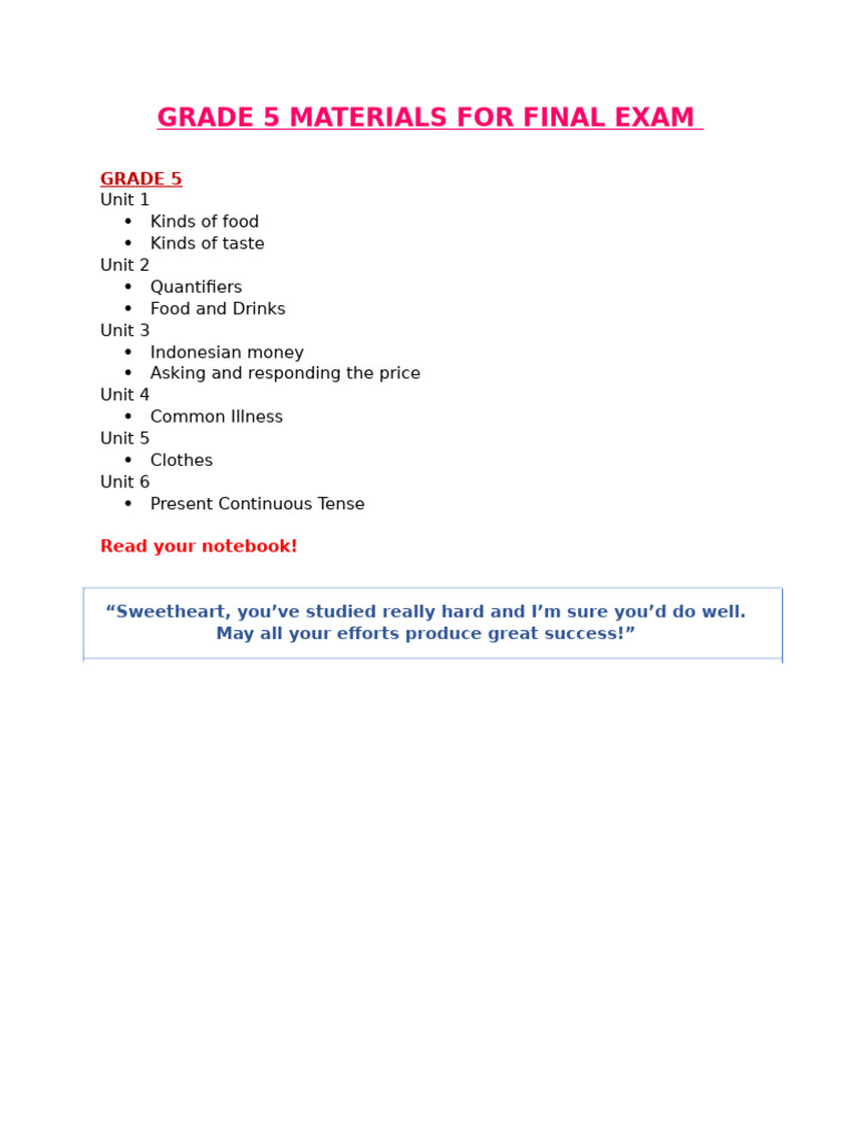 Grade 5 Materials For Final Exam | PDF