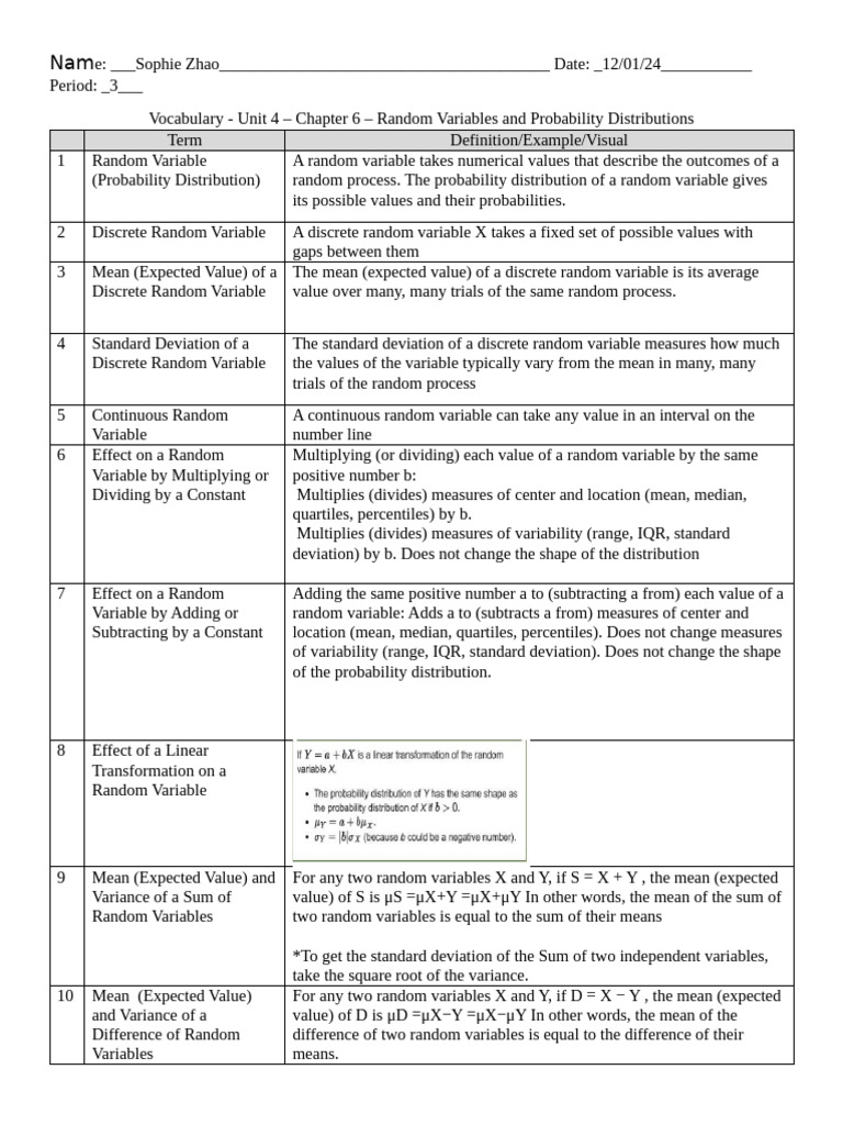 Vocabulary - Unit 4 - Chapter 6 - Random Variables | PDF | Probability Distribution | Expected Value